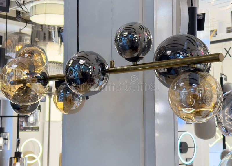 Modern Spherical Glass Chandelier in Lighting Store Display Editorial ...