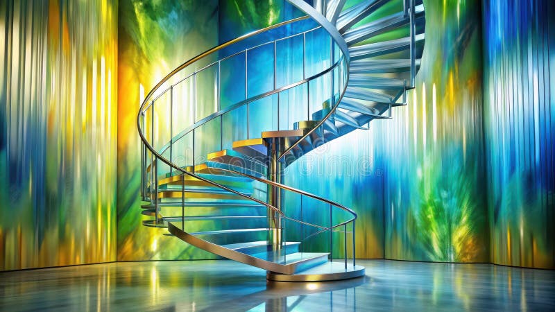 Modern Spiral Staircase with Abstract Wall Art in Vibrant Hues ...