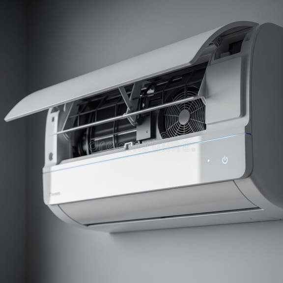Modern Split System Air Conditioner Unit with Open Front Panel Showing ...