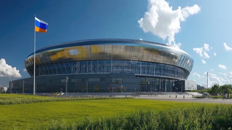 Modern Sports Arena with a Flag Waving in the Wind Stock Illustration ...