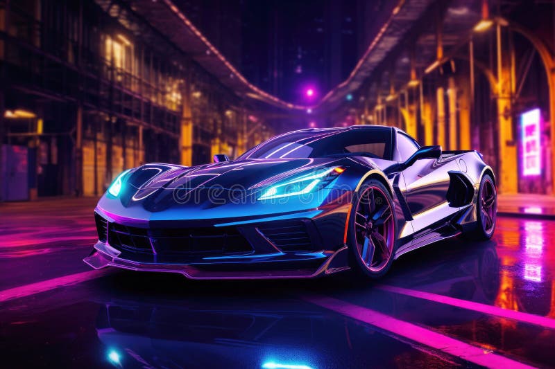Modern Sports Car with Neon Lights Stock Illustration - Illustration of ...