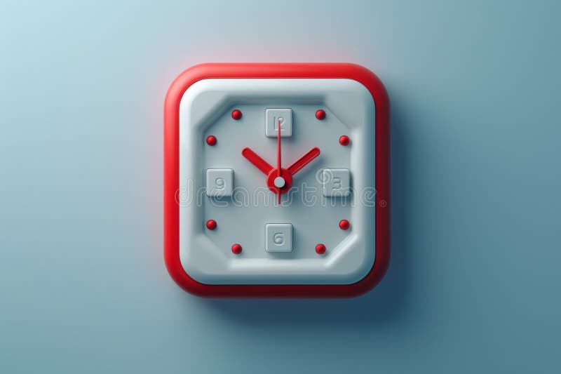 Modern Square Clock with Red Frame and White Face on Blue Background ...