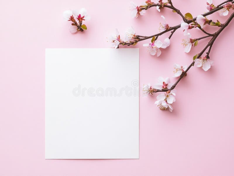 Modern Square Postcard Mockup on Pink Background with Cherry Blossoms ...