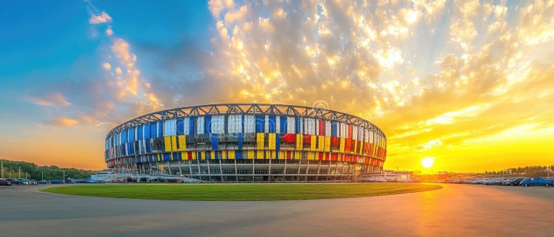 Modern Stadium with Colorful Facade at Sunset Stock Illustration ...