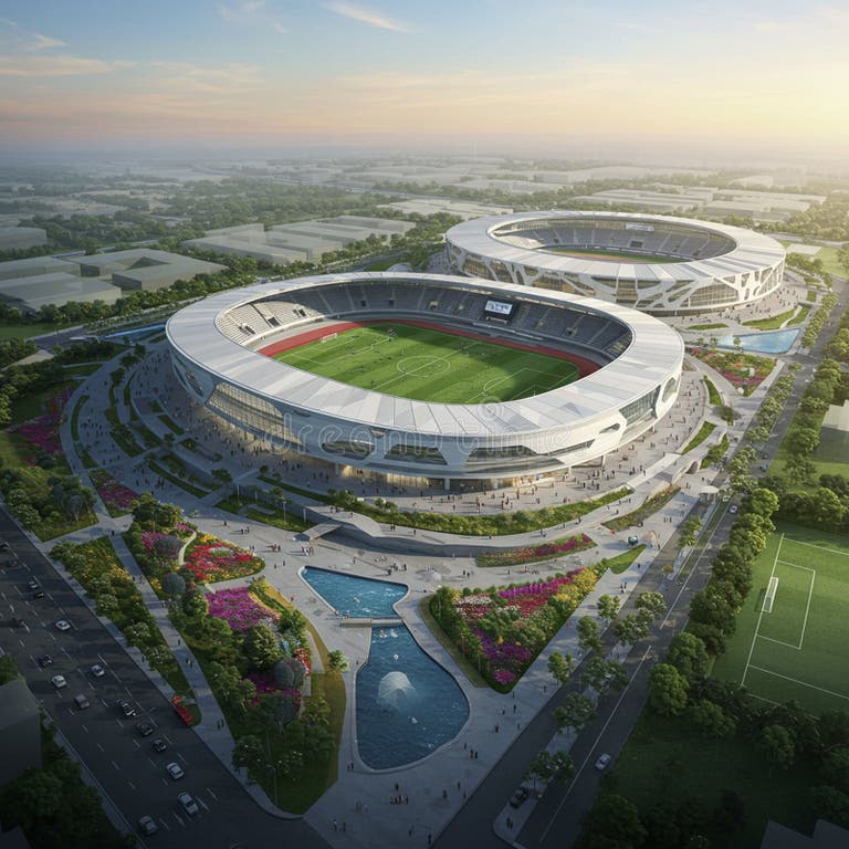 Modern Stadium Complex with Two Large, Oval-shaped Arenas Featuring ...