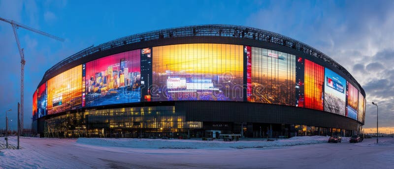 Modern Stadium with Illuminated Screens at Dusk Stock Illustration ...