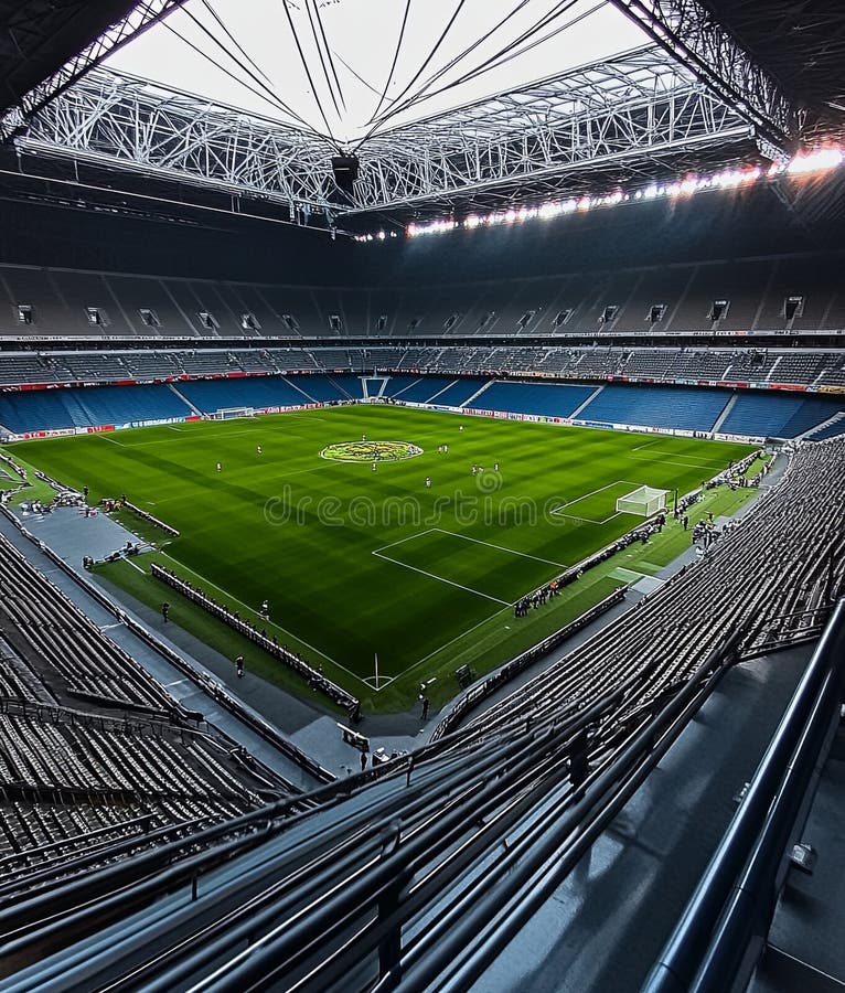 Modern Stadium Interior with Green Grass Field and Empty Seats Stock ...