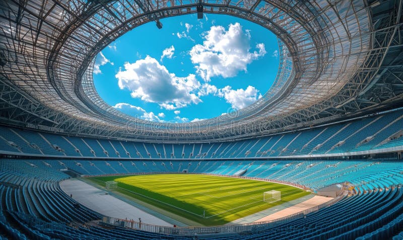 Modern Stadium Interior with Vibrant Green Pitch and Blue Sky Overhead ...