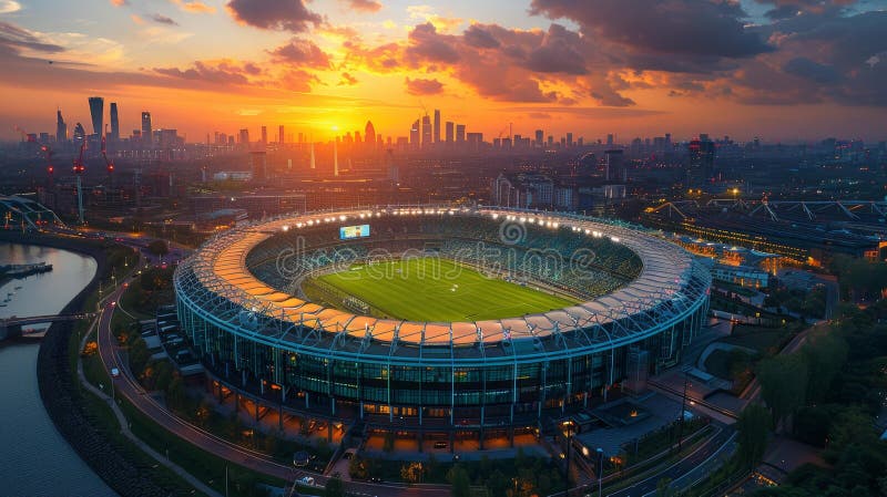 Modern Stadium at Sunset with City Skyline - Generative Ai Stock ...