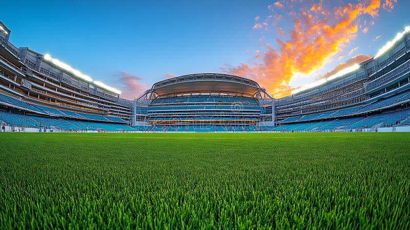 Modern Stadium at Sunset Green Field Stock Image - Image of teal ...