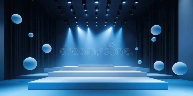 Modern Stage Design with Blue Lighting, Floating Spheres, and Tiered ...