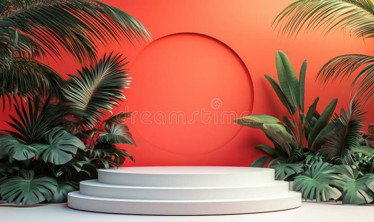 Modern Stage Design with Circular Backdrop and Tropical Plants for ...