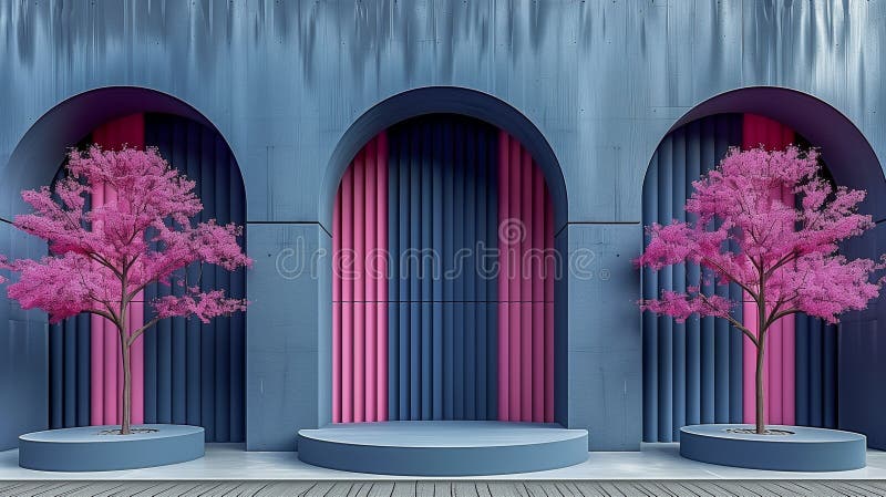 Modern Stage Design with Pink Trees and Blue Arched Background Stock ...