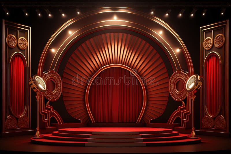 Modern Stage Set with No Actors and Gold Accented Stage Lights Stock ...