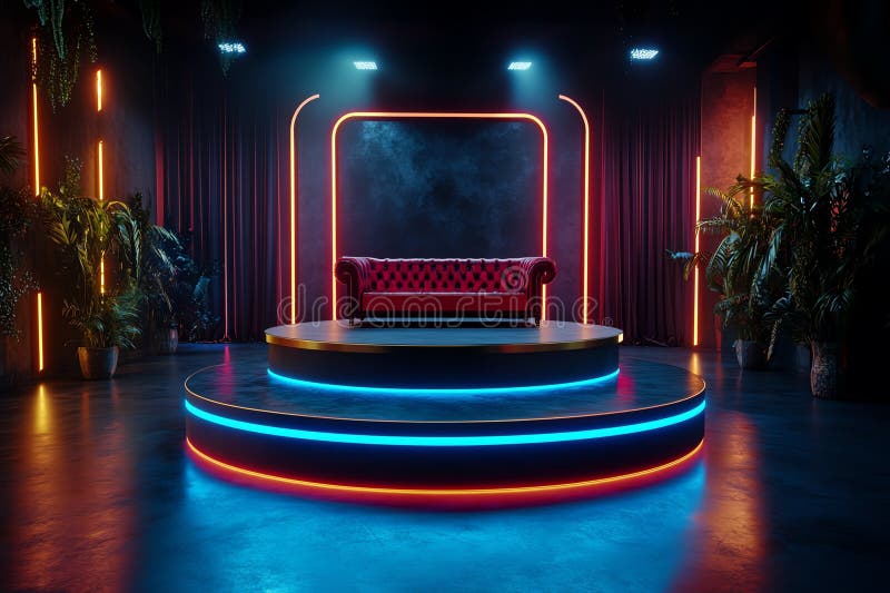 Modern Stage Set with Vibrant Neon Lights, Featuring a Red Couch on a ...
