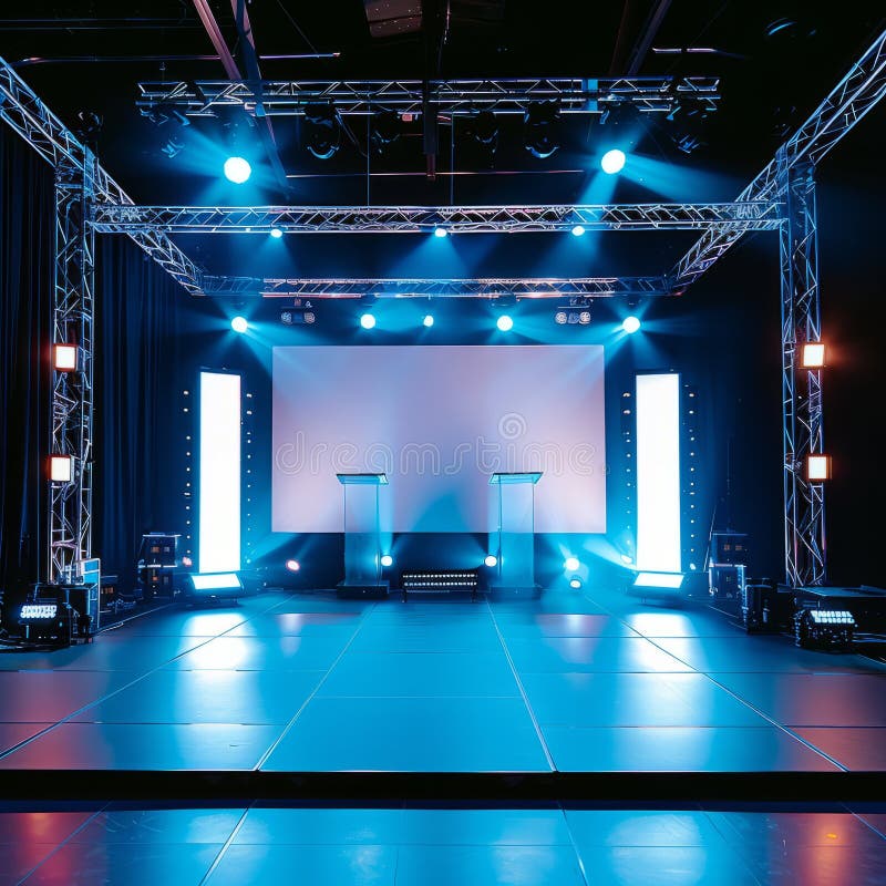 Modern Stage Setup with Blue Lighting and Large Screen for Events Stock ...