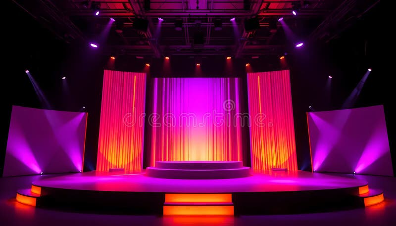 A Modern Stage Setup with Colorful Lighting and a Platform Stock ...