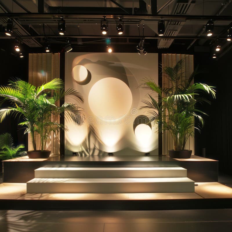 Modern Stage Setup with Elegant Lighting and Greenery for Events Stock ...