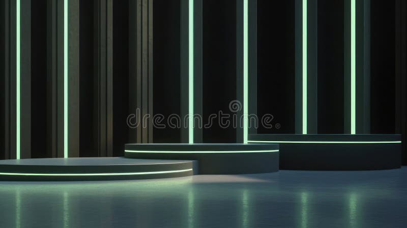 A Modern Stage Setup with Illuminated Circular Platforms Against a Dark ...