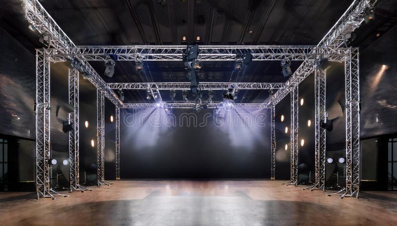Modern Stage Setup with Truss and Lighting in Empty Hall. 3D Rendering ...