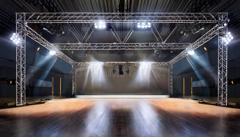 Modern Stage Setup with Truss and Lighting in Empty Hall. 3D Rendering ...