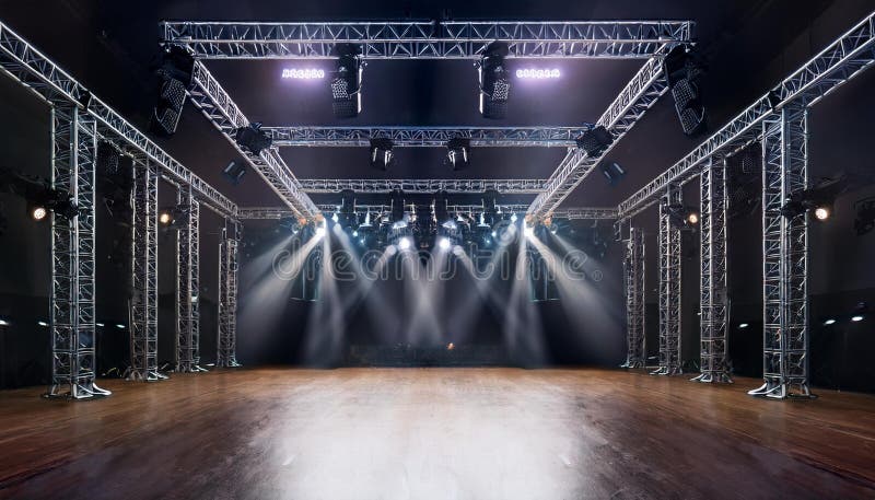 Modern Stage Setup with Truss and Lighting in Empty Hall. 3D Rendering ...