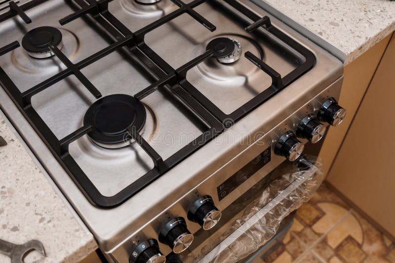 Modern Stainless Steel Gas Cooktop in a Kitchen Setting Stock Image ...