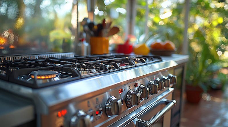 Modern Stainless Steel Gas Stove in a Sunlit Kitchen Stock Illustration ...