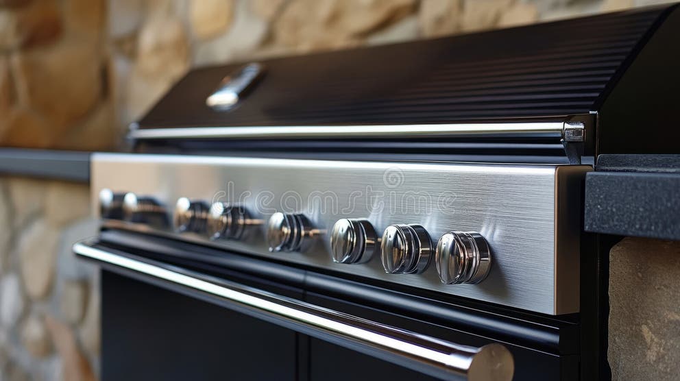 Modern Stainless Steel Grill with Knobs on a Stone Patio. Stock Image ...