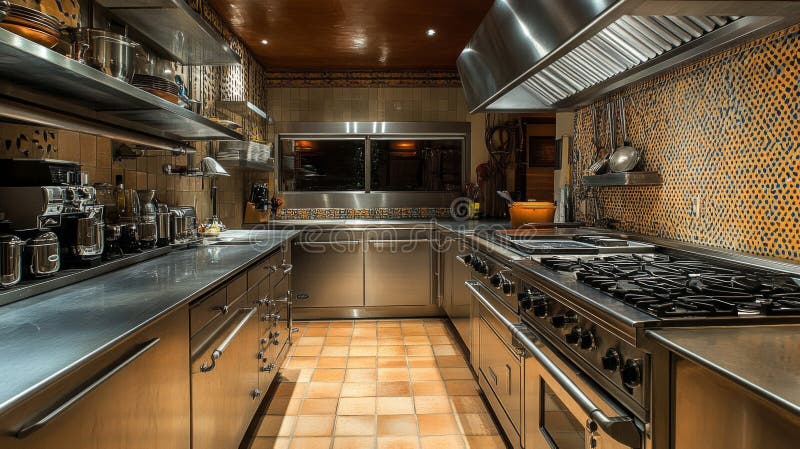 Modern Stainless Steel Kitchen Interior with Terracotta Tile Floor ...
