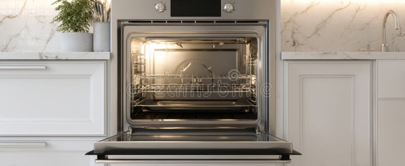 The Modern Stainless Steel Oven Illuminated Inside in a Stylish Kitchen ...