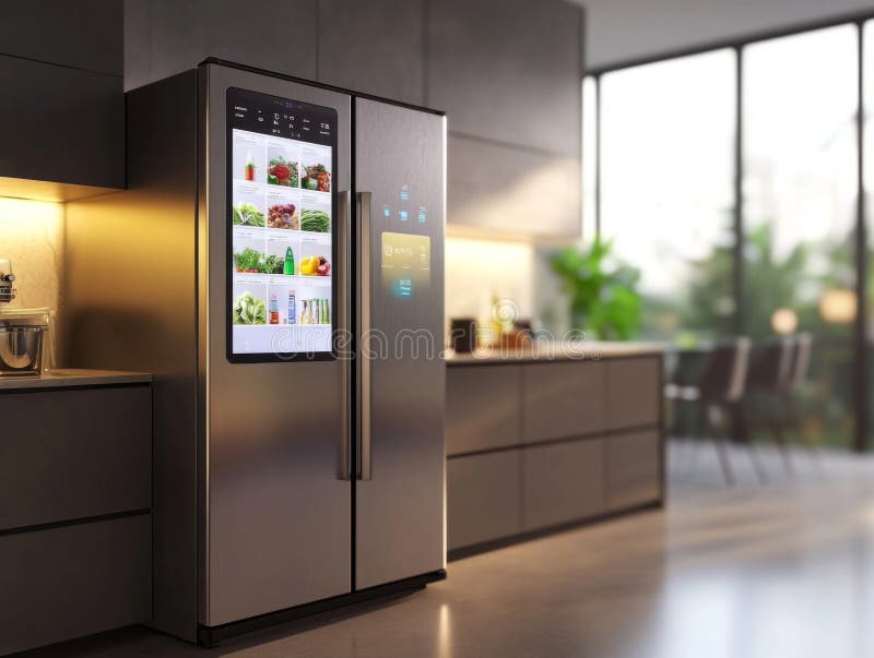 Modern Stainless Steel Refrigerator with Touchscreen Display in a ...