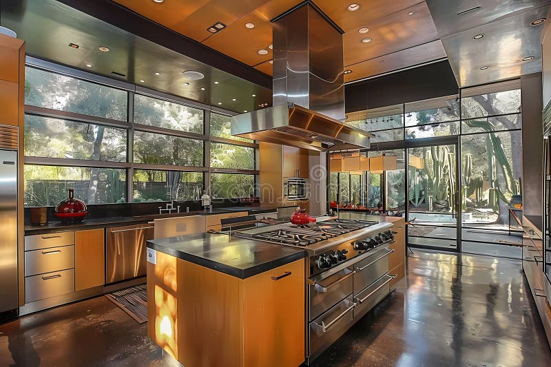 Modern Stainless Steel and Wood Kitchen with Large Glass Windows. Ai ...