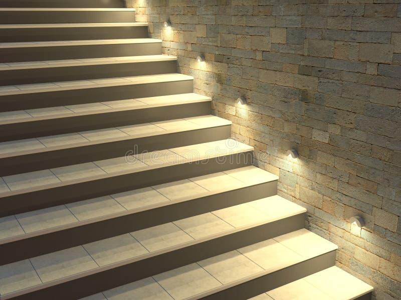 Modern Staircase with Backlit Steps. Soft Night Lighting. 3d ...