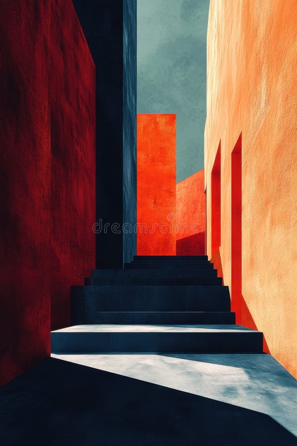 Modern Staircase with Bold Color Walls, Geometric Architecture, and ...