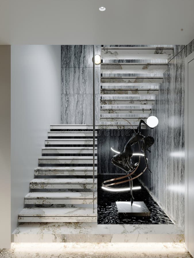 Modern Staircase with Floating Marble Steps, Artistic Sculpture, and ...