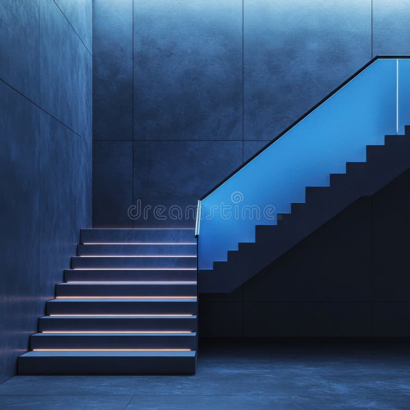 Modern Staircase with Illuminated Steps in Blue Light Stock Photo ...