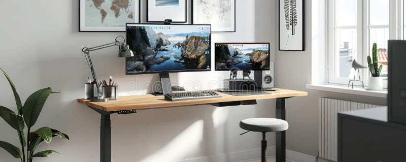 Modern Standing Desk Setup with Dual Monitors, an Ergonomic Stool, and ...