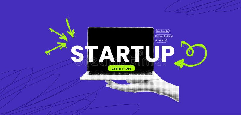 Modern Startup Concept Collage with Laptop and Halftone Elements ...