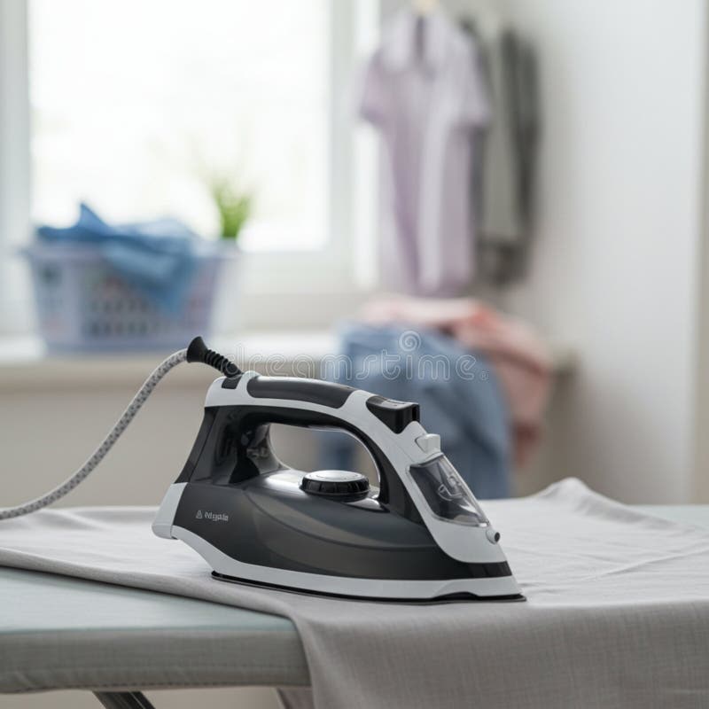A Modern Steam Iron Rests on an Ironing Board Covered with a Light Gray ...