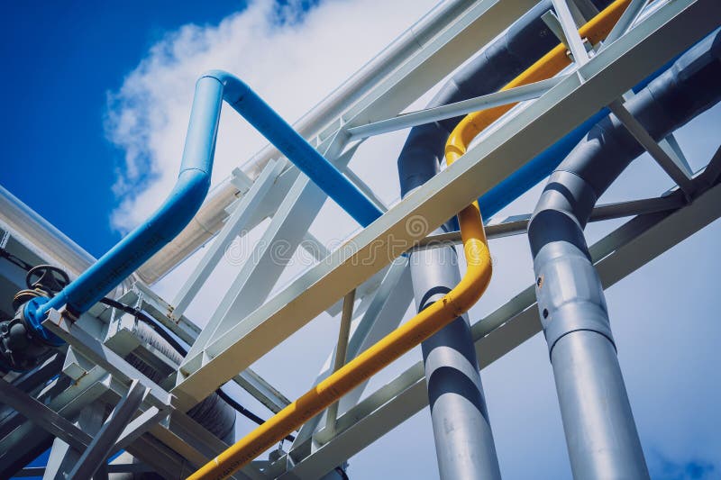 Modern Steam Pipeline for Industrial on Blue Skies Background. Stock ...