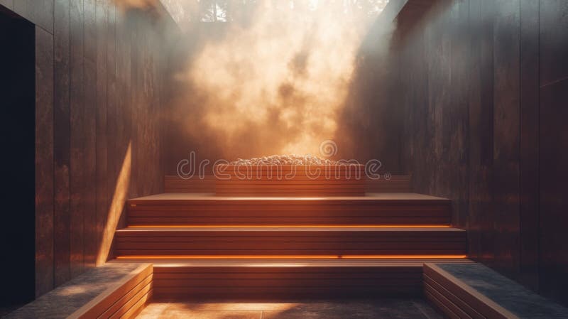 Modern Steam Room with Wooden Benches and Light Stock Illustration ...