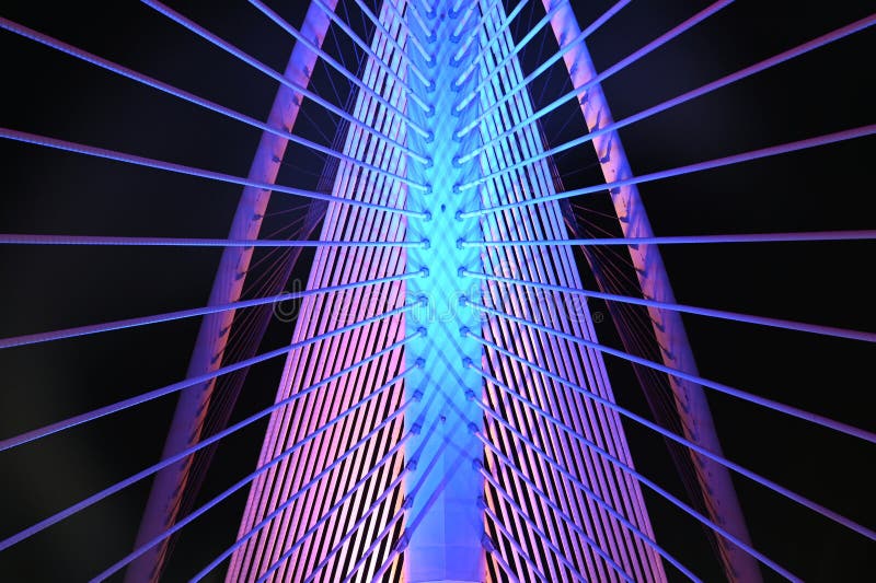 Modern Steel Bridge with Multi Color Lights at Night Closeup View Stock ...