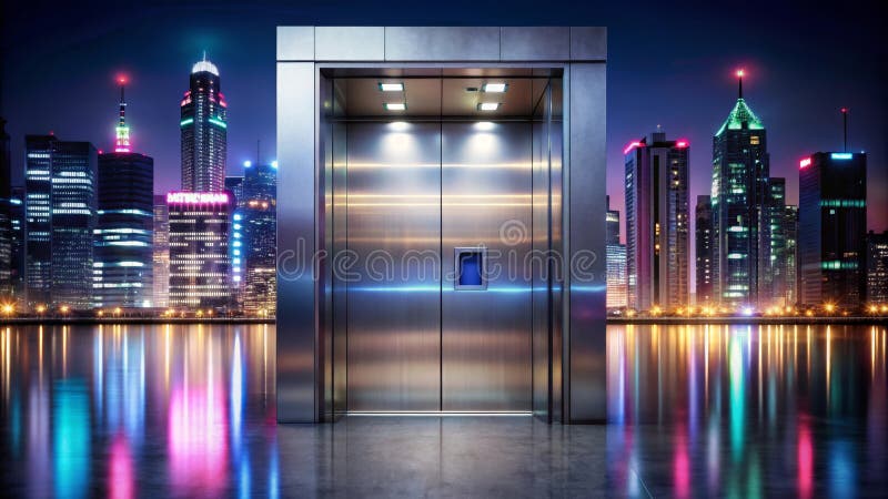 Modern Steel Elevator Doors at Night with City Reflection. Generative ...