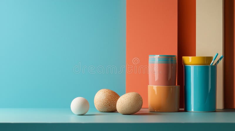 Modern Still Life with Colorful Ceramics and Eggs on Pastel Background ...