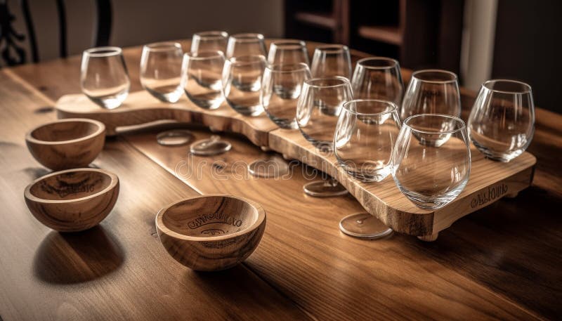 A Modern Still Life Empty Wine Bottle, Clean Glasses, Wood Table ...