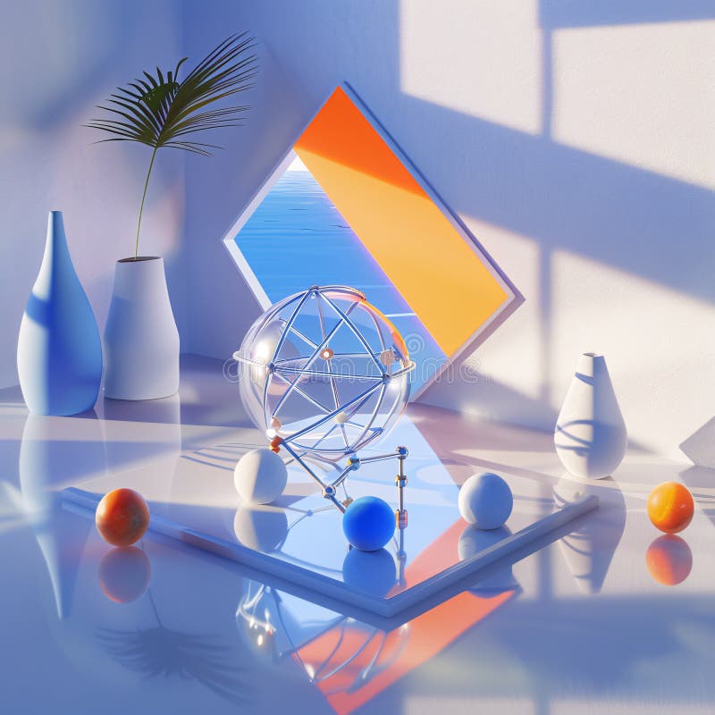 Modern Still Life with Geometric Art and Reflective Surfaces in ...