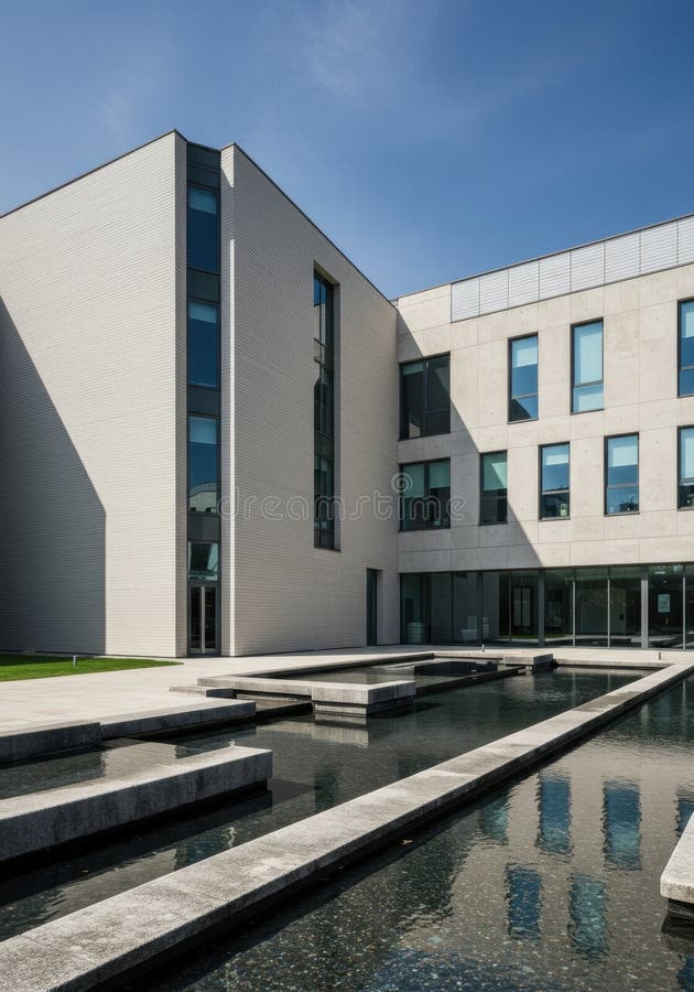 Modern Stone Building with Courtyard Water Feature Stock Illustration ...