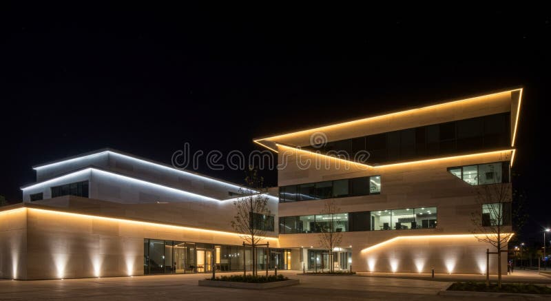 Modern Stone Building Illuminated at Night Stock Illustration ...