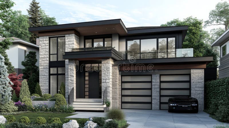 Modern Stone and Glass House Design, Exterior Rendering, House Design ...